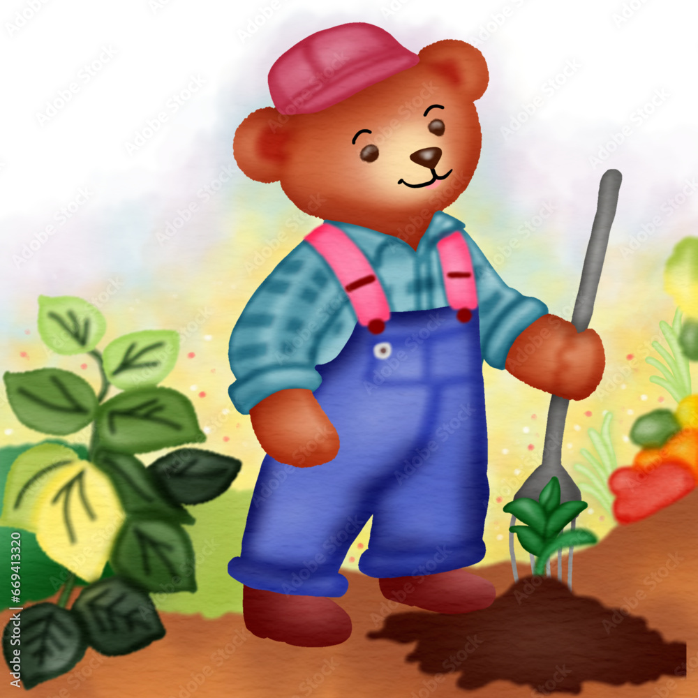 Agriculture concept. Teddy bear cartoon characters in work clothes ...