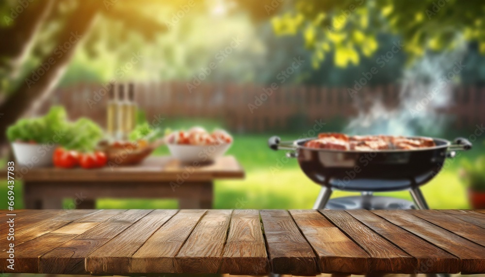 Summer in the garden with grill, wooden table, blurred background Stock ...