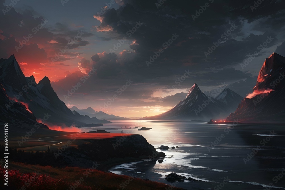 Premium Landscape a digital painting with dark, rich colors and high ...
