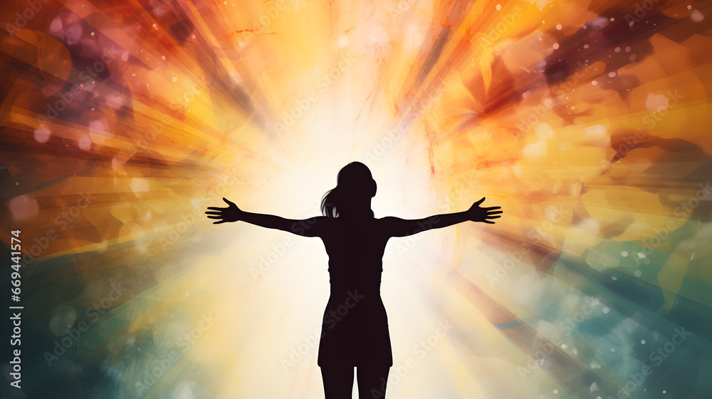 A vibrant illustration capturing the triumphant silhouette of a woman ...