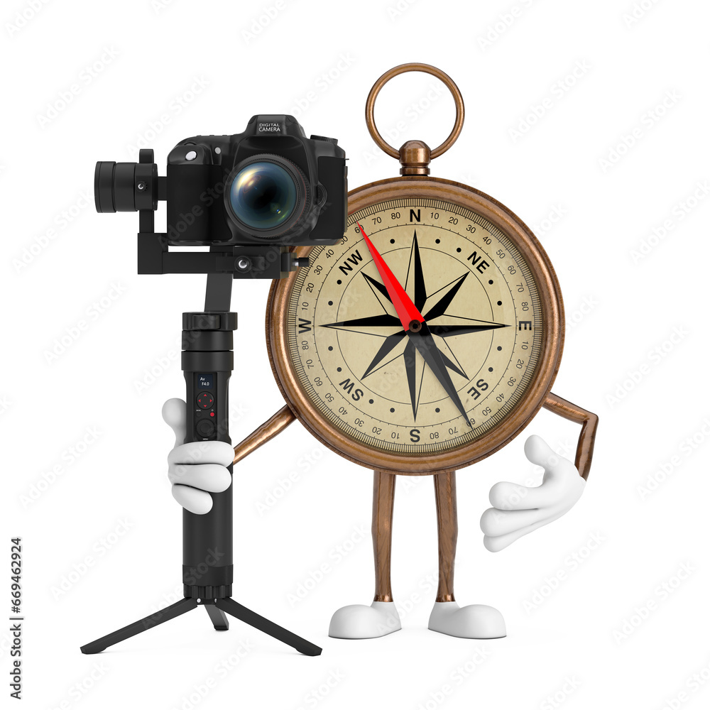 Antique Vintage Brass Compass Cartoon Person Character Mascot with DSLR ...