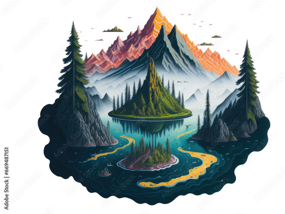 Artistic t-shirt design of mountains, forests and rivers with vibrant ...