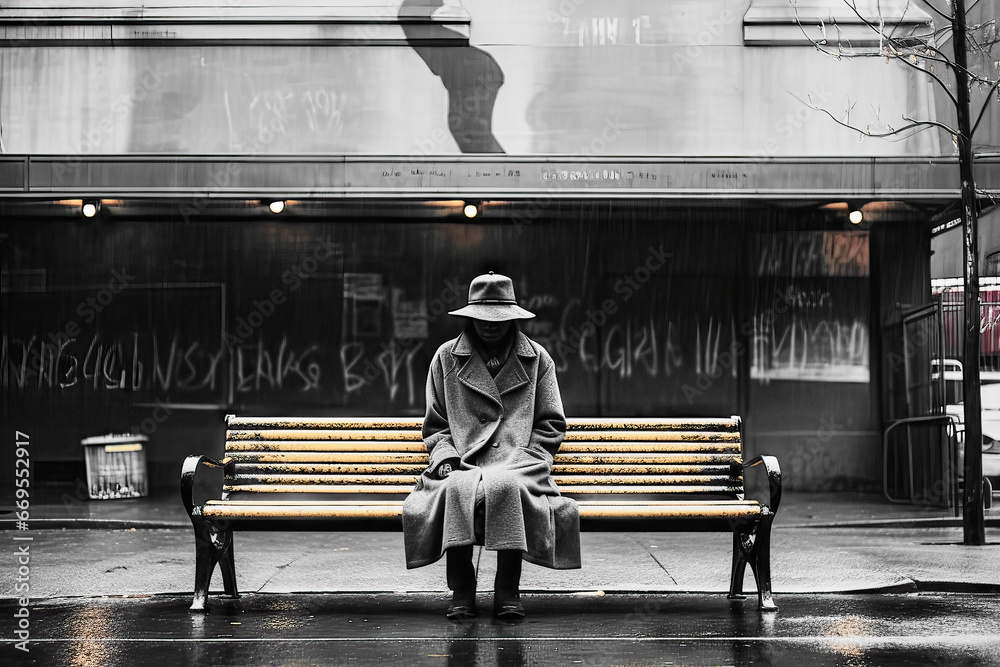 Elderly woman with a deeply shaded face under a wide hat sits in a run ...