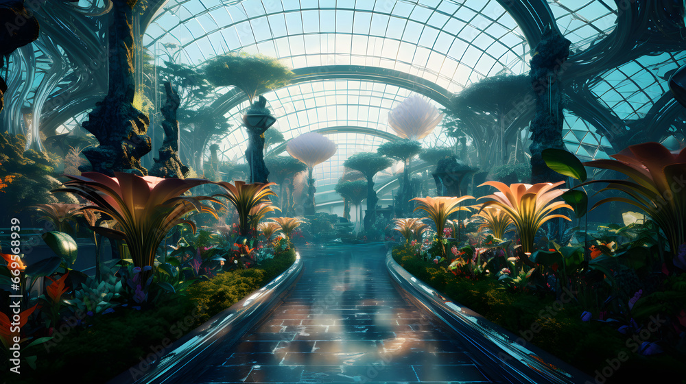 Evergreen palms and various exotic plants in greenhouse in futuristic ...