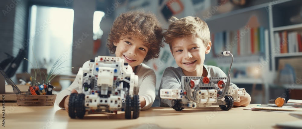 students learning coding mechanical small robot programming with friend in classroom, Elementary ...