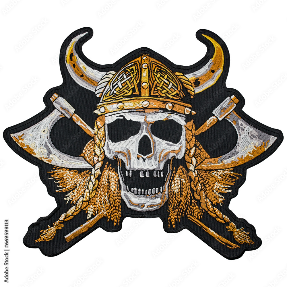 Embroidered patch with Viking skull in horned helmet with axes. Asatru ...