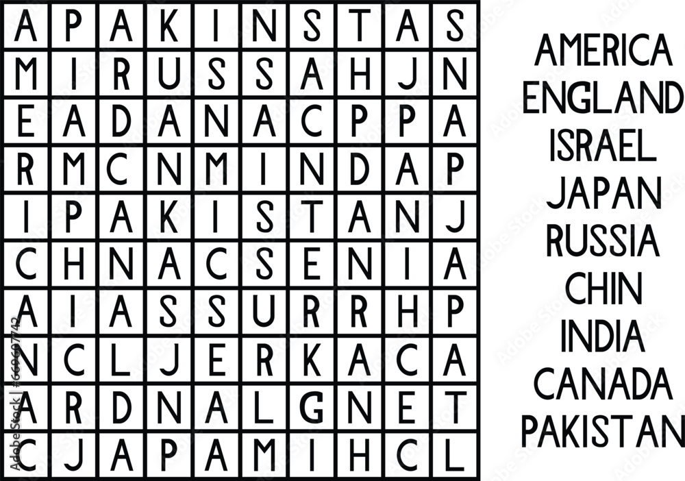 Educational game for kids, word search. Find 10 national capitals ...