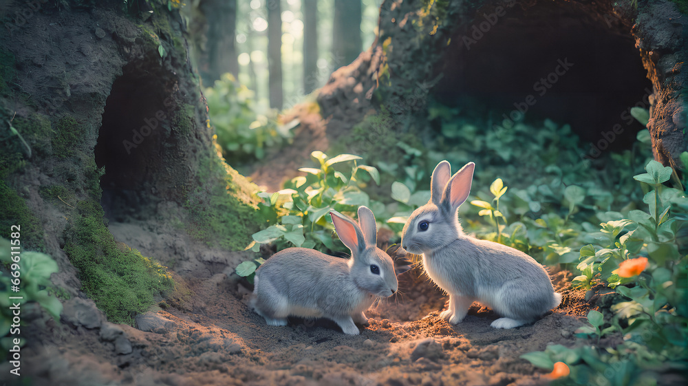 Rabbit Family Building a Burrow in the Middle of the Forest. Generative ...