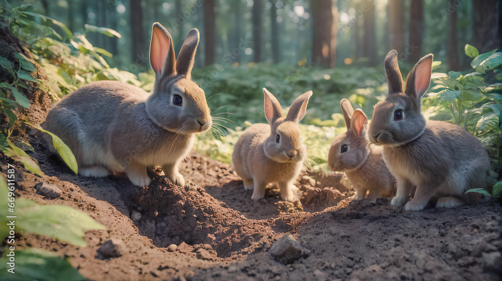 Rabbit Family Building a Burrow in the Middle of the Forest. Generative ...