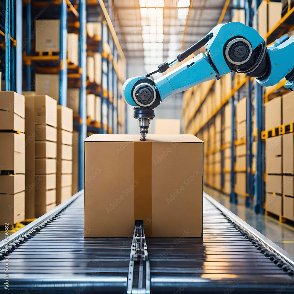Industrial robot arm grabbing the cardboard box on roller conveyor rack ...