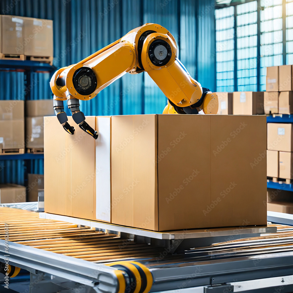 Industrial robot arm grabbing the cardboard box on roller conveyor rack ...