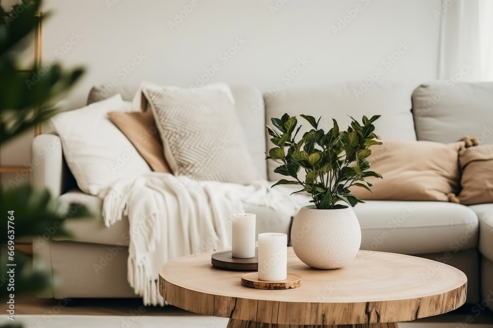Minimal living room with Round wooden coffee table near sofa close-up ...