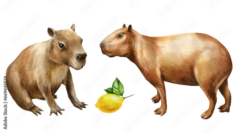 Capybara and fruit watercolor on isolated white background, cute set of ...