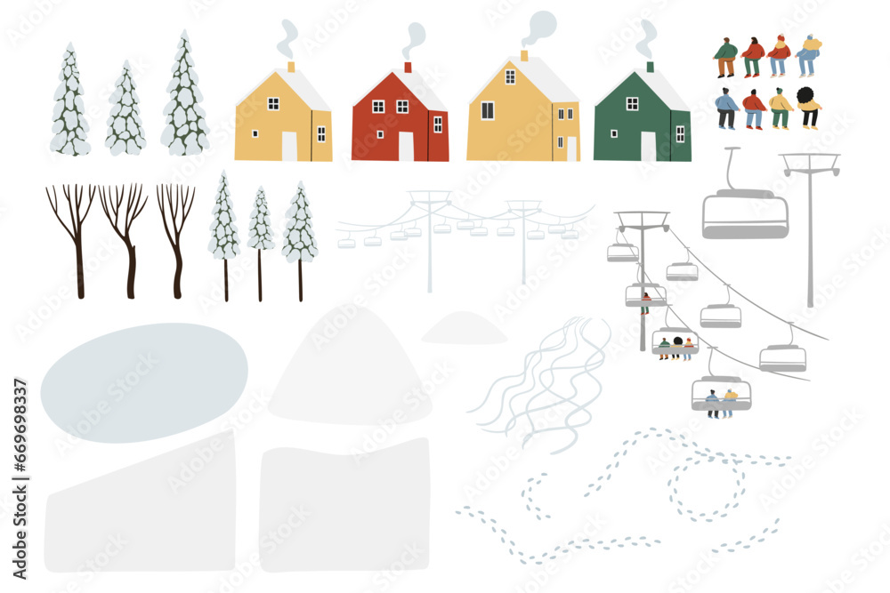 Set of Winter snowy landscape clipart, scene background vector ...
