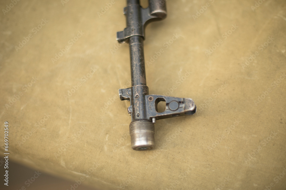 Training weapons. Military training. The barrel of the machine gun ...