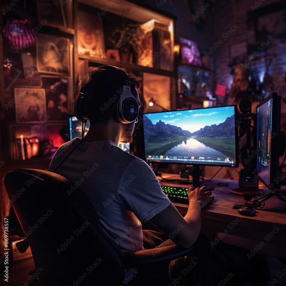 Professional Gamer Playing First-Person Shooter Online Video Game on ...