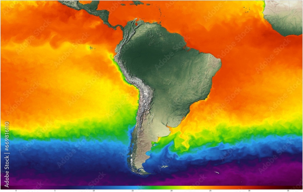Illustration Stock Mapa de America del Sur, mostrando la temperatura de ...