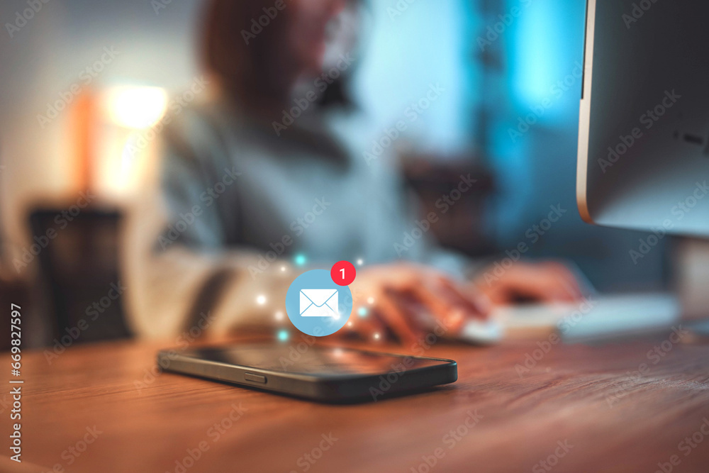 Smart phone mobile receiving mail message, email notification, Woman ...