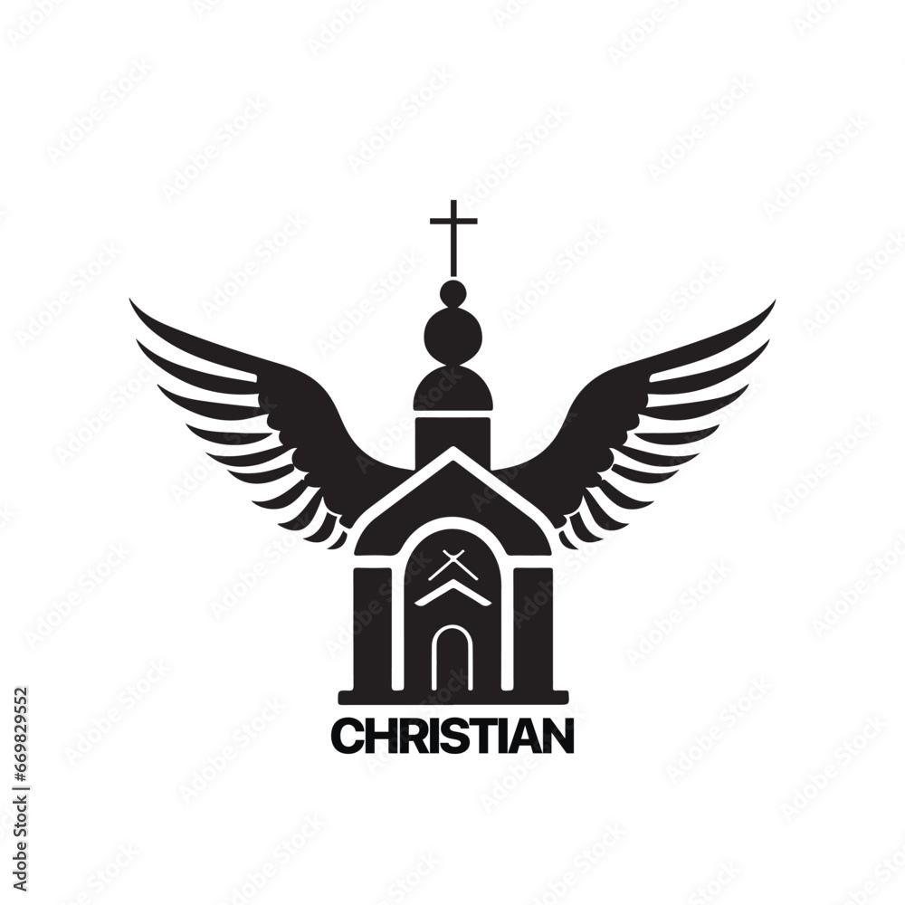 Christian Logo template with church, temple and dove wings. Black and ...