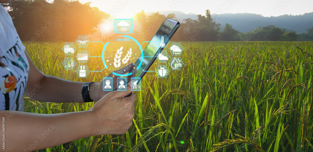 Ai smart farming agriculture concept. People holding smartphone tablet ...