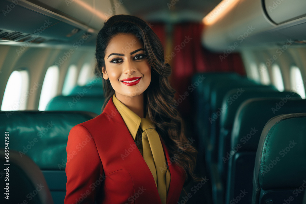 Beautiful Indian air hostess in the plane Stock Photo | Adobe Stock