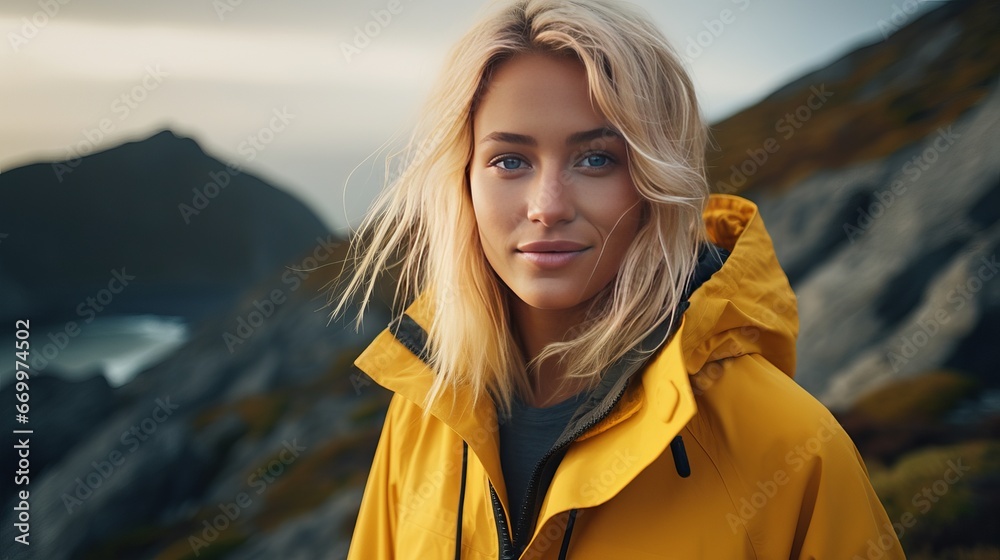 Youthful Lady blonde getting a charge out of mountains scene Travel Way ...
