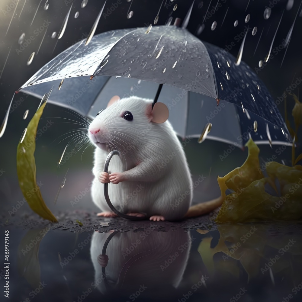 white mouse sitting under an umbrella with raindrops, rainy weather ...