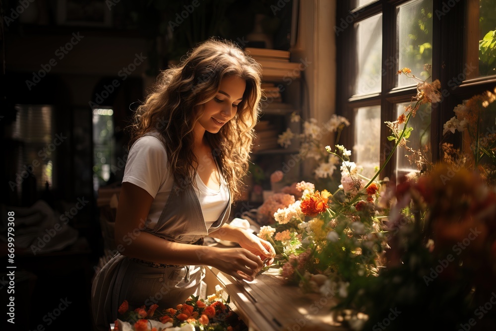 A florist in a uniform for work makes a bouquet to order, a store ...