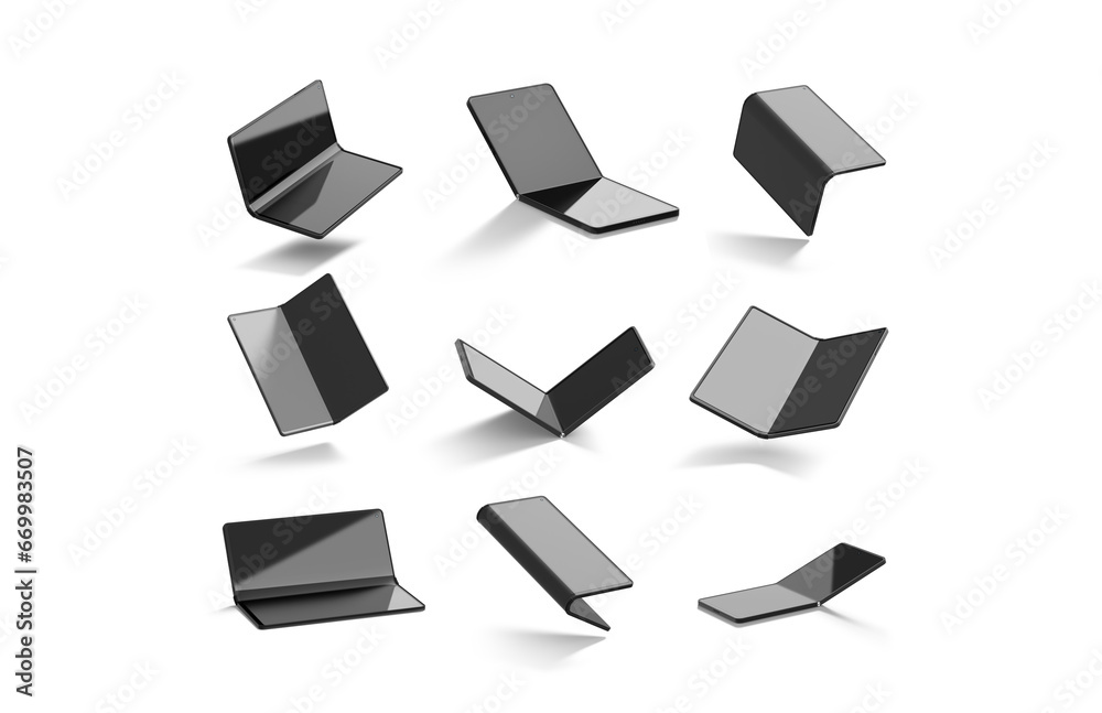 Blank black flexible flip book phone display mockup, different types ...