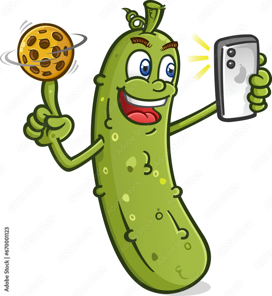 Tall cool pickle cartoon character influencer spinning a pickleball on ...