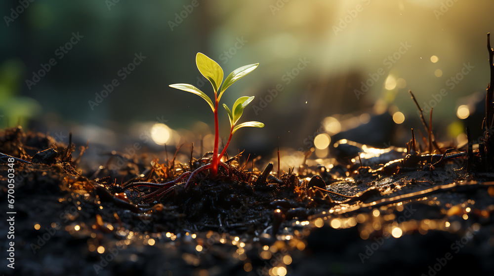 Green Plant Sprout Growing From trash pile, Stretches to the Sun. Small ...