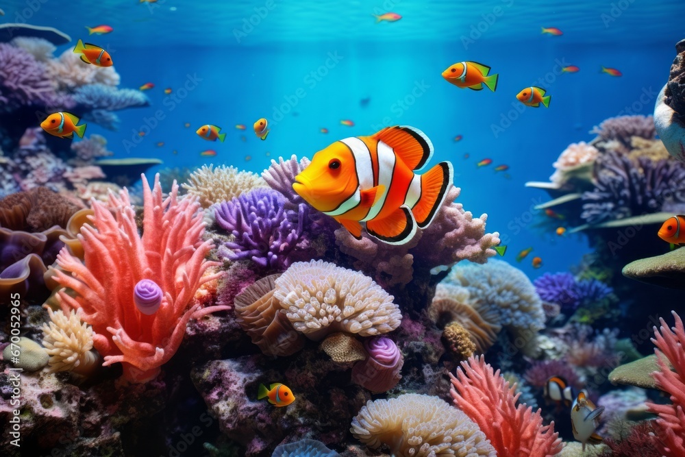 Beautiful colorful sea fish live in an aquarium among various algae and ...
