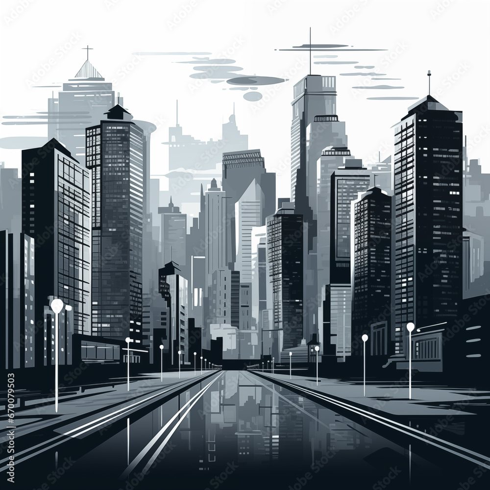 Illustration of a modern city. Colorless gray buildings, high-rise ...