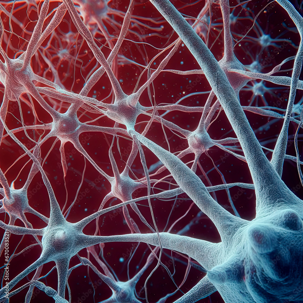 Illustration of neurons and neurotransmitter seen under a microscope ...