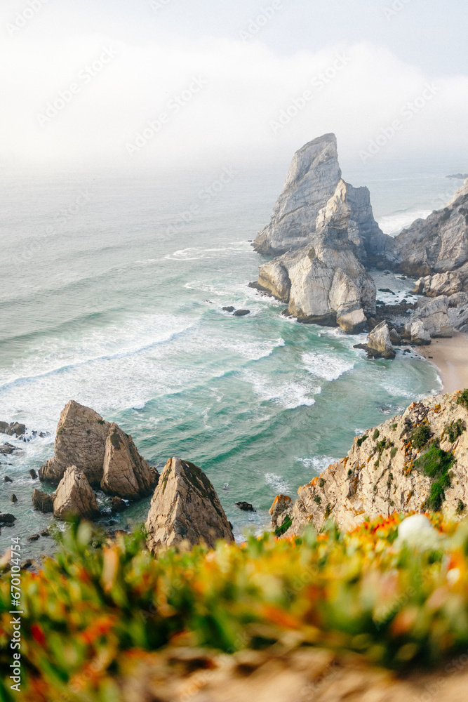 Beautiful Portuguese landscape. Blue Atlantic Ocean and amazing steep ...