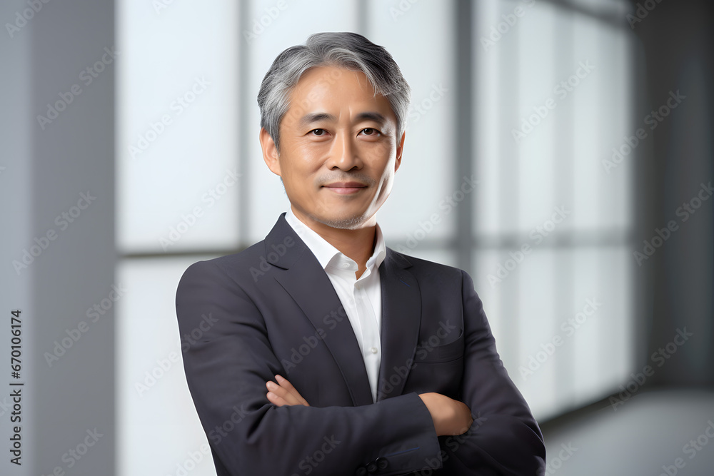 Senior Japanese business leader with arms crossed, wearing a grey ...