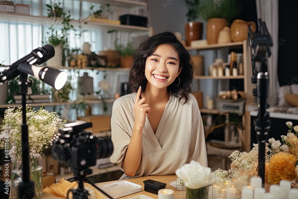 Asian female beauty blogger. Female vlogger is showing cosmetics ...