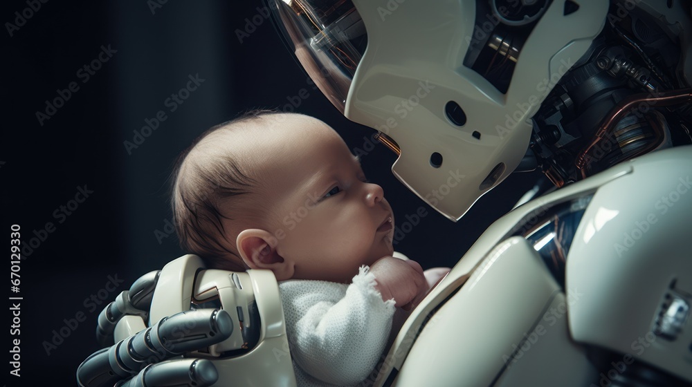 humanoid robot holding human baby extremely closeup, ai future Stock ...
