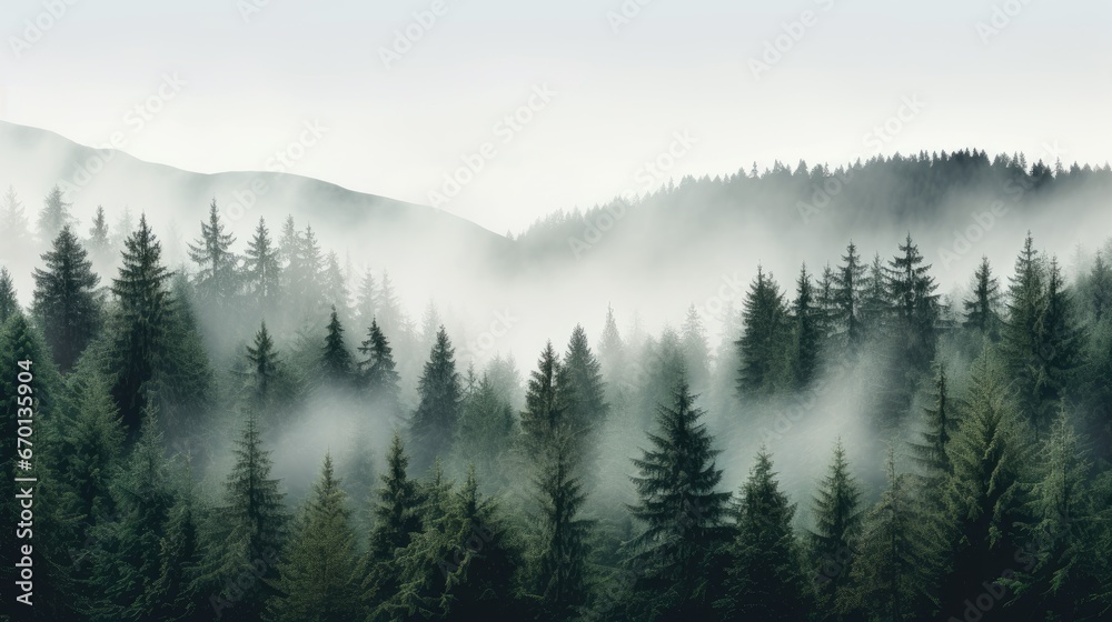 Forest background with fog around trees, dark green panorama. Walpaper ...