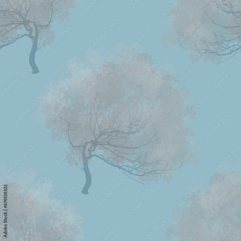 Seamless pattern from realistic trees on light blue background. For ...