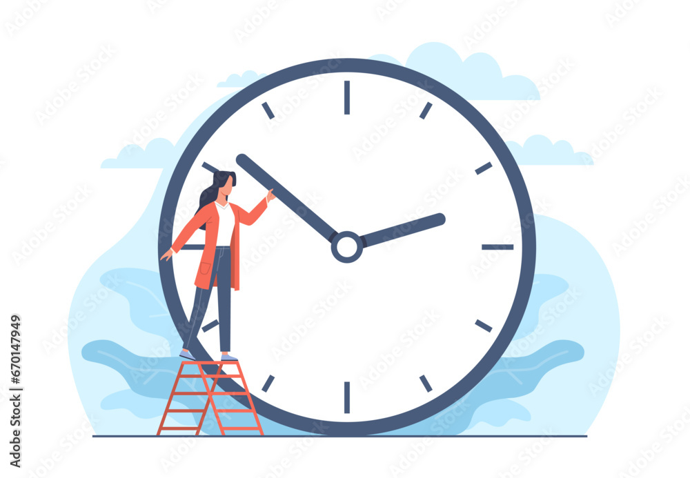 Concept of changing to summer or winter time, woman changes hand of ...