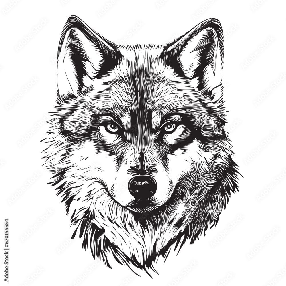 Wolf face realistic hand drawn sketch illustration Wild animals Stock ...