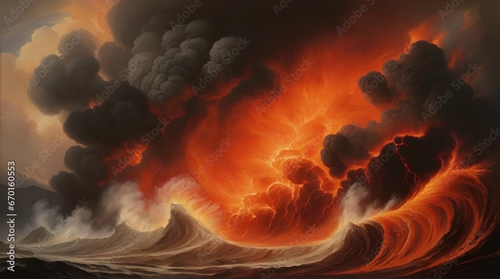 the primary subject at the forefront is a raging eruption of lava, its ...