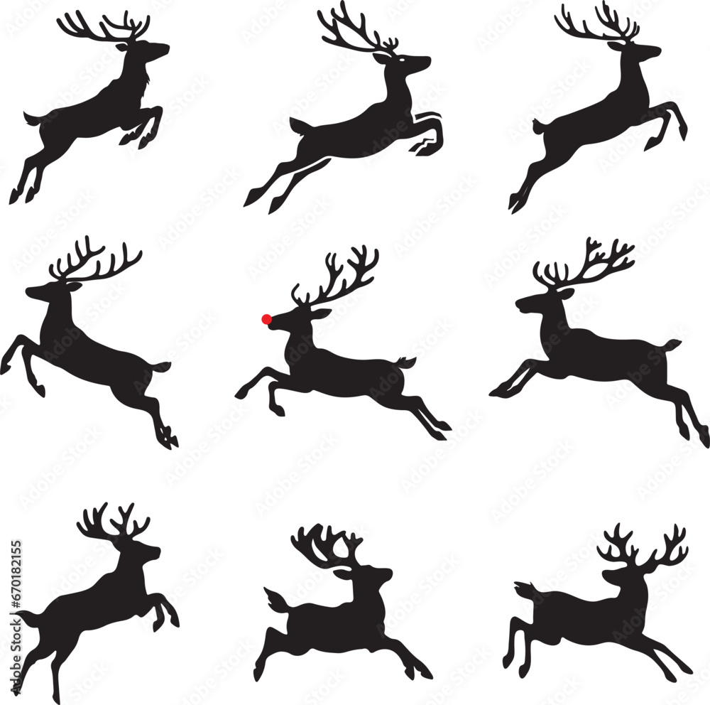 Jumping Flying Reindeer Silhouettes Stock Vector Set - Christmas ...