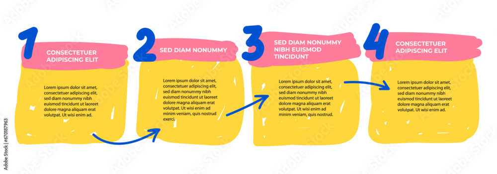 4 steps infographic with hand drawn text boxes. Step by step ...