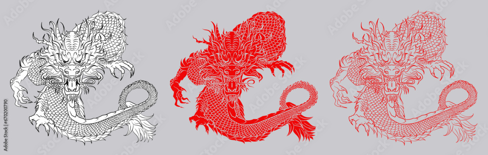Black and white ink, red solid and sketchy outline dragons in asian ...