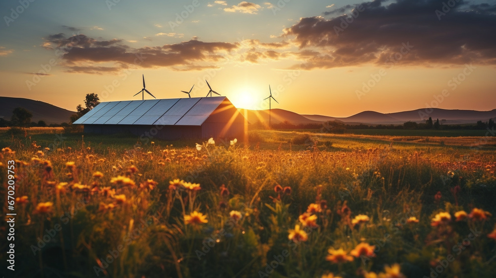 Solar panels and wind turbines, symbolizing renewable energy sources as ...