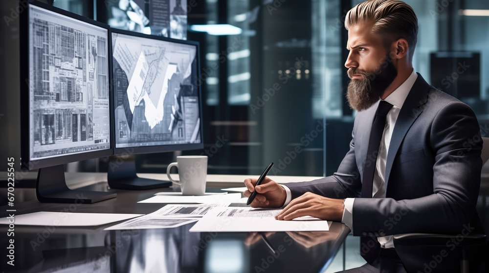 Focused engineer in a modern office, analyzing code and schematics on ...