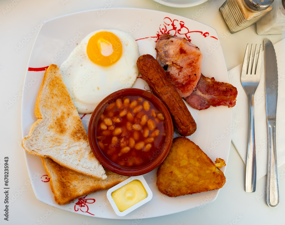 Full English Breakfast including beans stewed in tomato sauce, fried ...