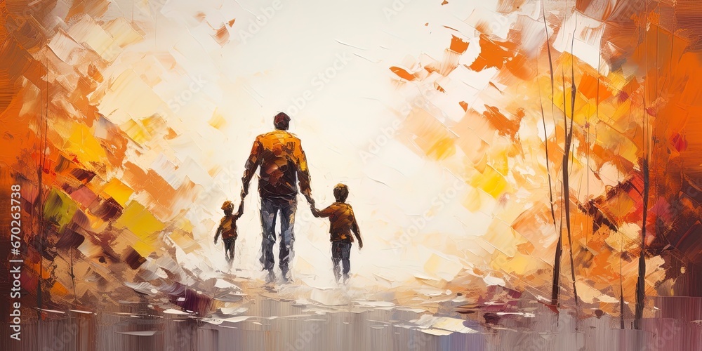 Lonely father walking hand in hand with son child. Concept illustration ...